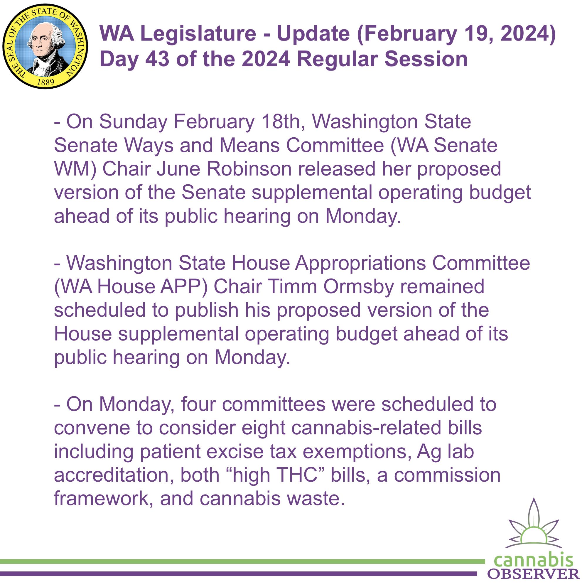 WA Legislature - Update (February 19, 2024) | Cannabis Observer