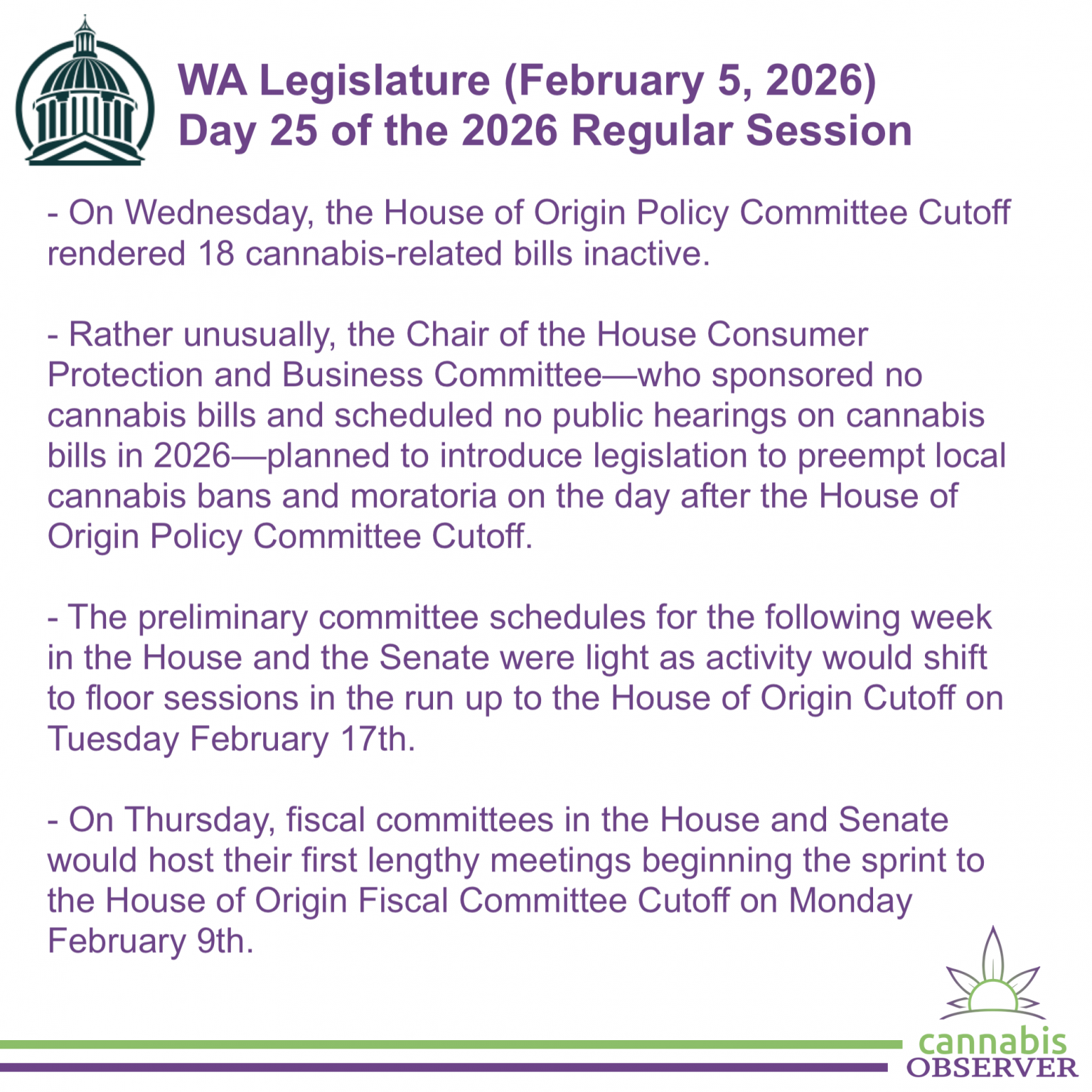 WA Legislature (February 5, 2026) - Update | Cannabis Observer